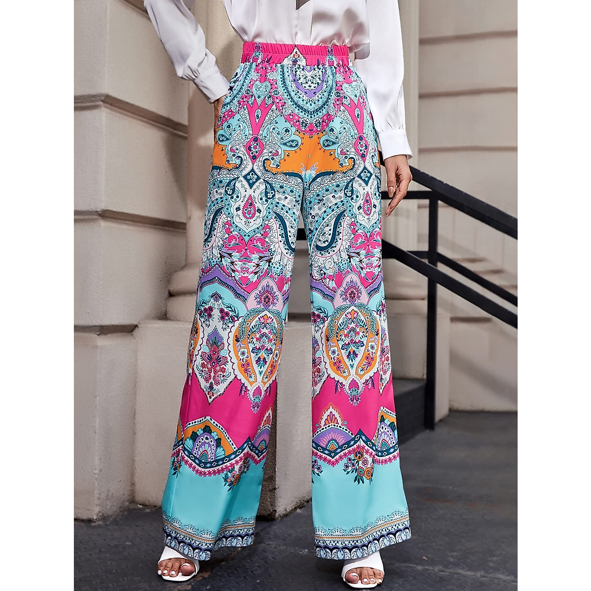 WDIRARA Women's Tropical Print High Elastic Waisted Wide Leg Loose Pants Trousers Multicolor Paisley M