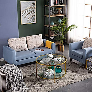 Bonnlo 31.5" Round Coffee Table with Open Storage Shelf,2-Tier Temperred Glass Round Accent Coffee Table with Metal Frame, Mustard Gold