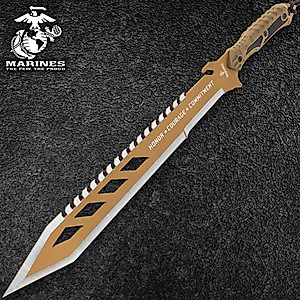 USMC Desert OPS Sawback Machete with Shoulder Strap Sheath - Officially Licensed By United States Marine Corps, Stainless Steel Blade, Non-Reflective Finish, ABS Handle - For Outdoors Job - Length 24"