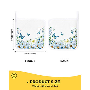 Pot Holder Set of 5 Pastoral Butterfly Dragonfly Daisy Flower Potholder Heat Proof Non-Slip Pot Holders,Blue Gradient Art Hot Pads Potholders for Kitchen Cooking Baking BBQ