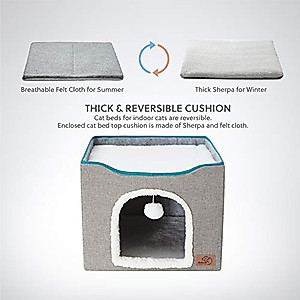 Bedsure Cat Beds for Indoor - Large Cat Cave for Pet House with Fluffy Ball Hanging and Scratch Pad, Foldable Hideaway,16.5x16.5x14 inches, Grey