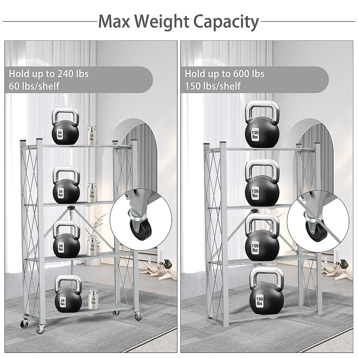 Yuanjimi 4 Tier Foldable Storage Shelf with Wheels, Heavy Duty Garage Shelving Unit Loads 600 LBS, Metal Steel Collapsible Shelves, Rolling Standing Utility Rack for Kitchen, Pantry, Office, Dark Grey