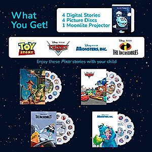Moonlite Storytime Mini Projector with 4 Pixar Stories, A Magical Way to Read Together, Digital Storybooks, Fun Sound Effects - Toy Story, Cars, Incredibles, Monsters Inc - Gifts for Kids Age 1 and Up