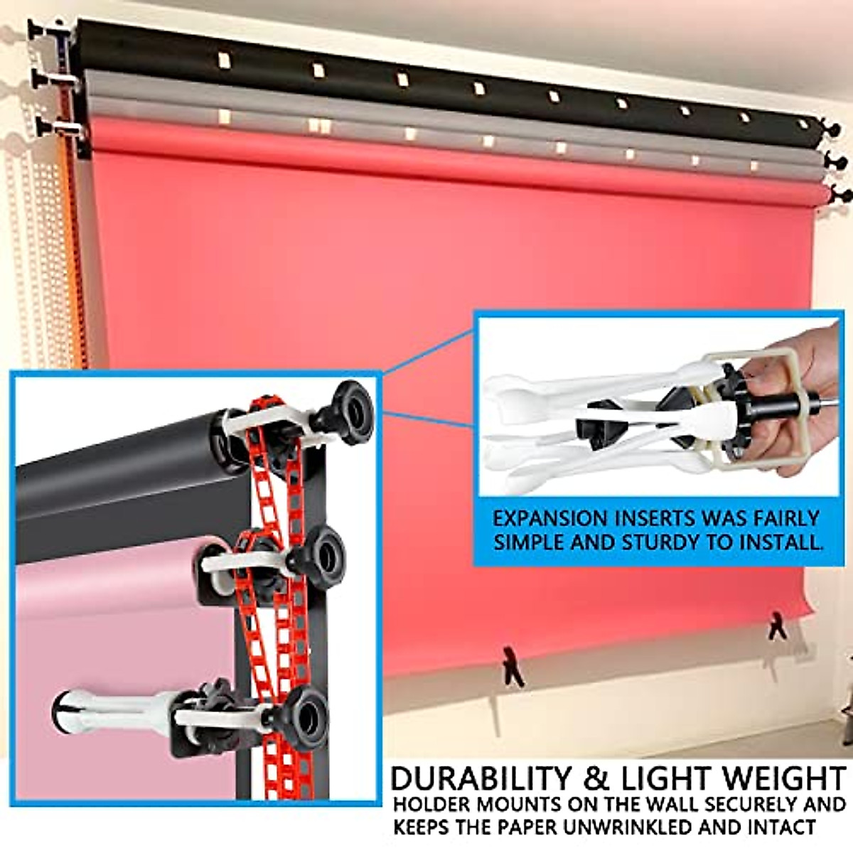Photography Backdrop Wall Mount 3 Roller Support System, Manual Photo Background Ceiling Holder, Including 2 Tri-fold Hooks, 6 Expand Bars, 3 Chains, for Home Studio Live Stream Game Video