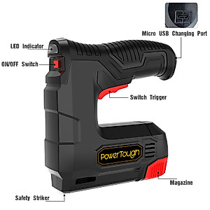Powertough 4v Electric Cordless Staple Gun 2 in 1 Cordless Stapler, 1.5Ah Battery Powered Nail Gun for Upholstery Crafts, DIY, Including USB Charger Cable 2000pcs Free Staples and Brad Nails