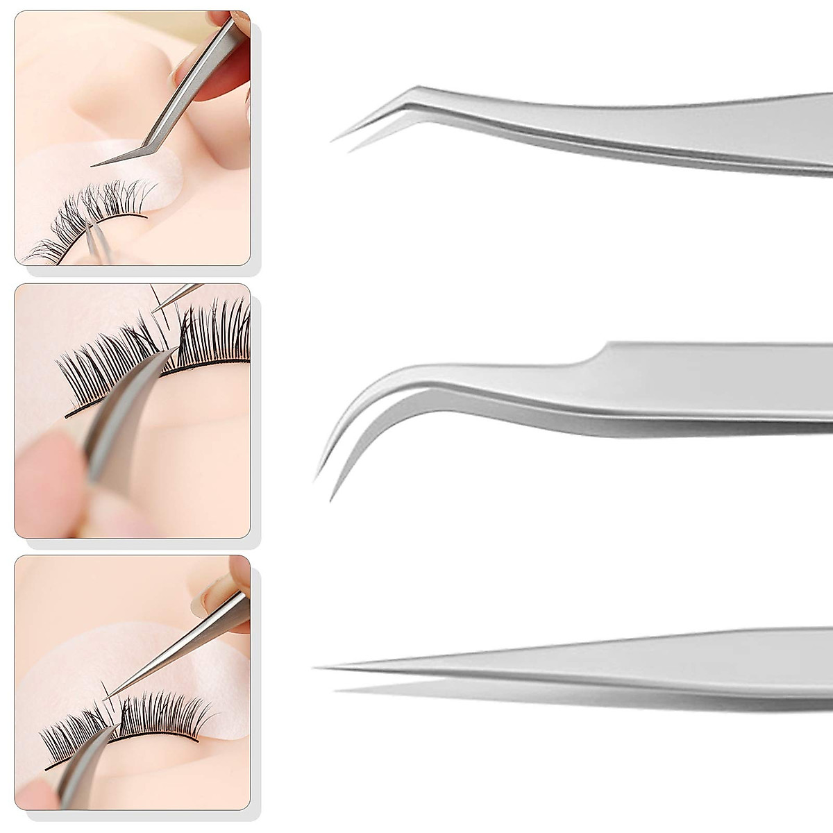 3 Rolls Eyelash Extension Tape with Tweezers, SourceTon Micropore Fabric Tape Roll 0.5 Inch 10 Yards (Green) with 3 PCS Straight Pointed and Curved Tweezers (Silver)