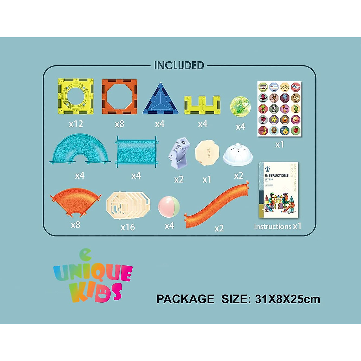 Unique Kids Magnetic Tiles Building Blocks with Marble Run - Engaging STEM/STEAM Toys for Boys and Girls - Perfect Christmas or Birthday Gift (75 pcs)