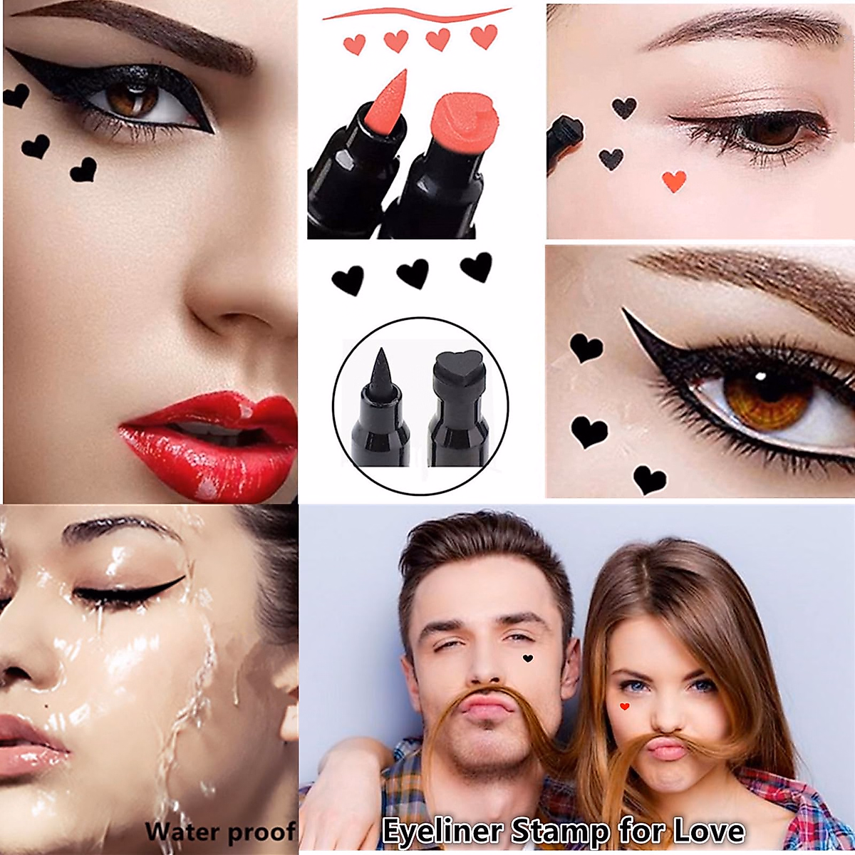 Go Ho 2 PCS Waterproof Liquid Eyeliner Stamps,Double-side Black&Red Smudge-proof Eye Liner,Heart Stamp Eyeliner for Harley Costume Makeup,Long-lasting Love Tattoo Tools for Valentines Day
