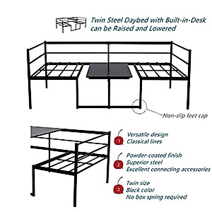 FULLJOJOR Twin Size Metal Daybed, Adjustable Sofa Bed Day Bed with Metal Slats and Convertible Built-in-Desk, No Box Spring Needed