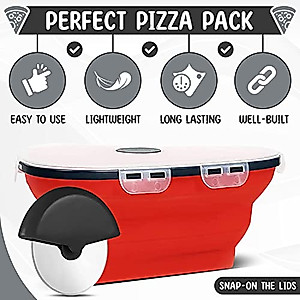 ROSER STUDIO 2 Silicone Pizza Storage Container Collapsible & Pizza Cutter - Reusable & Expandable Pizza Container & 10 Microwavable Lids Serving Tray - Foldable Pizza leftover Box (2 RED)