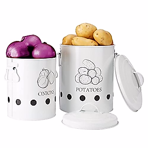 G.a HOMEFAVOR Set of 2 Antique Cream Vintage Potato Onion Kitchen Storage Canisters Jars Pots Containers 2 Pack Set, Potatoe, Onion Bin Caddy, With Aerating Tin Storage Holes & Metal Lid