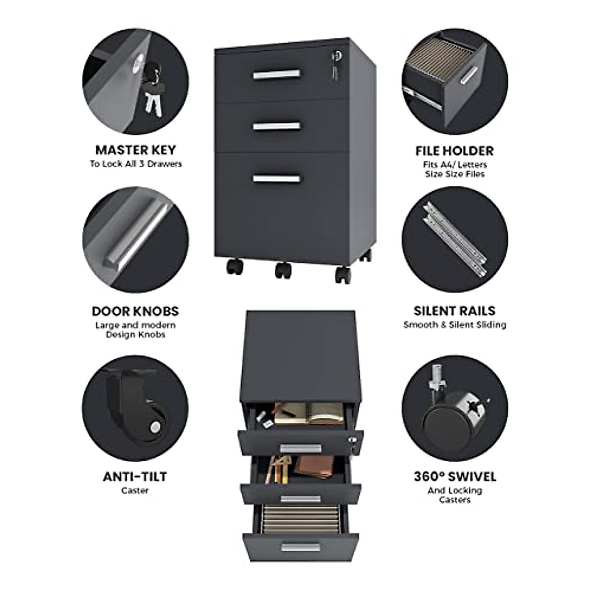 Lazio 26 Inch File Cabinet with Lock - Filing Cabinet for Home and Office - 3 Drawer File Cabinet with Wheels for A4 Sized Letters, Legal Sized Documents, Hanging File Folders - Black/Black