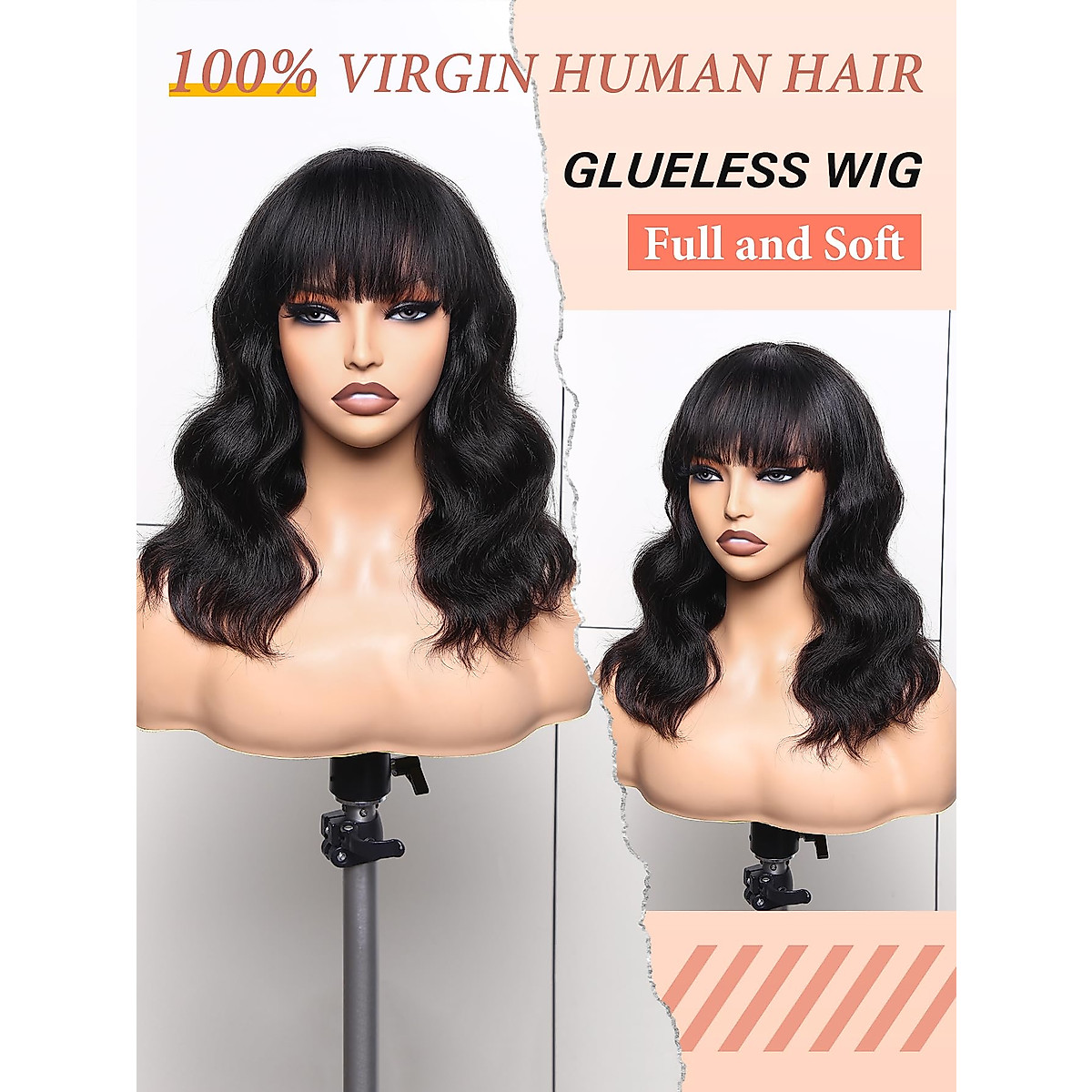 WIGNEE Natural Wave Wigs with Bangs 100% Brazilian Human Hair Fashion Wave Wigs Natural Black (14 Inch)