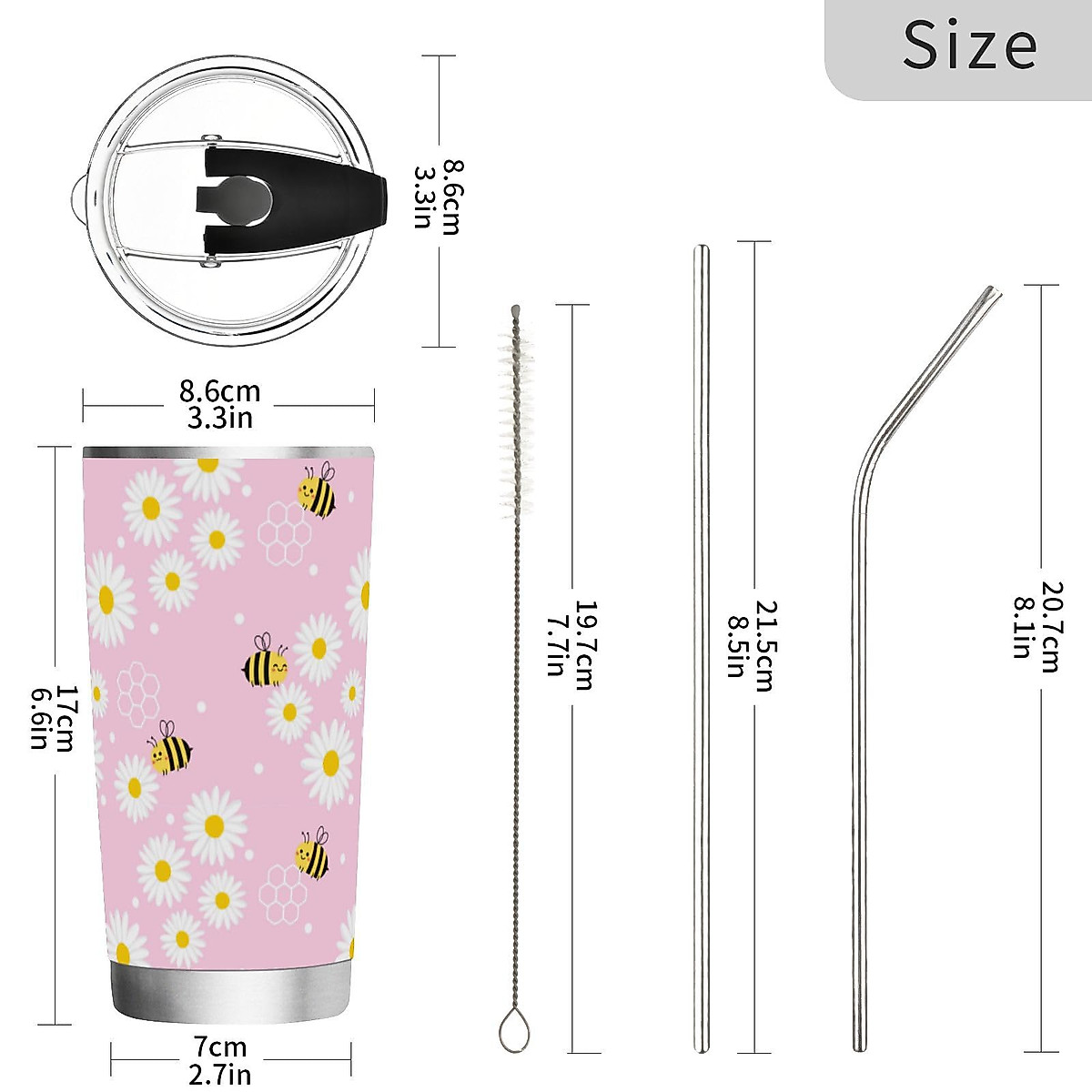 12 Oz Stainless Steel Vacuum Insulated Tumbler Cartoon Cute Bees Daisy Pink Coffee Cup with Lids and Straw Daisy Flower Double Wall Water Travel Mug for Hot and Cold Drinks for Home Office