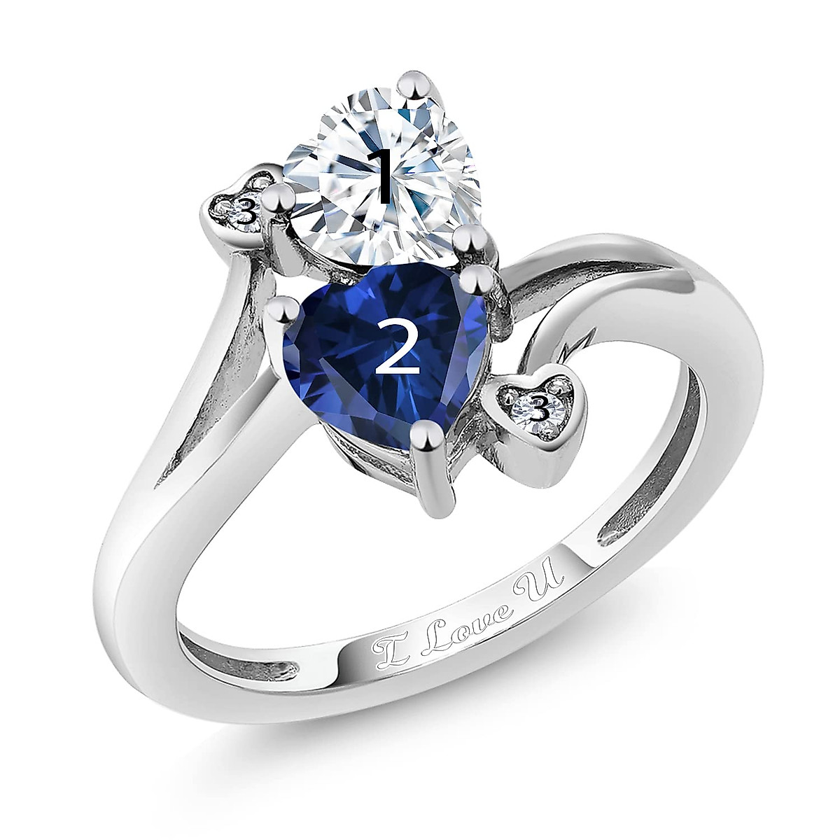 Gem Stone King 925 Sterling Silver Promise Customized Personalized and Engraving Build Your Own 2 Birthstone For Her Heart Shape Engagement Ring For Women (Size 7)