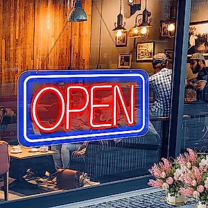 Open Sign With Adapter Neon Open Sign LED With 5 Adjustable Brightness Open Signs For Business Window Open Neon Sign Party Stores Shop Coffee Salon Hotel (Blue/Red-Horizontal) 16.5"X 9"