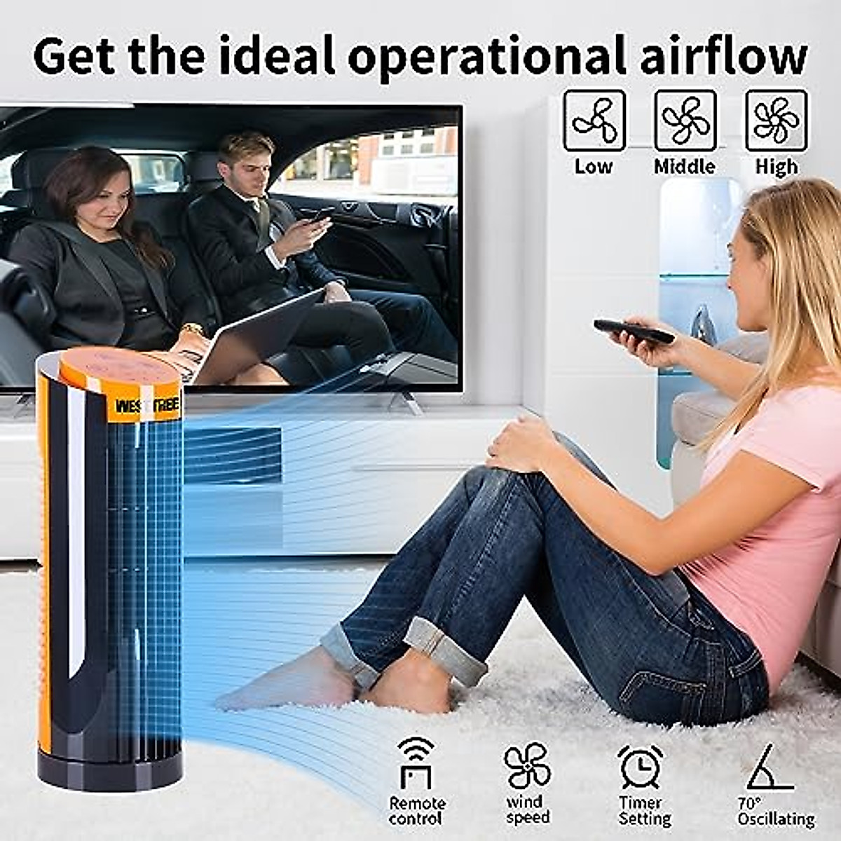 WESTTREE Tower Fan, Oscillating Fan with Remote Control,Portable Small Desk Fan Oscillating Fan for Indoors with 3 Speed,3 Mode,12H Timer, Personal Quiet Cooling Floor Fan Tower Fan for Bedroom Office