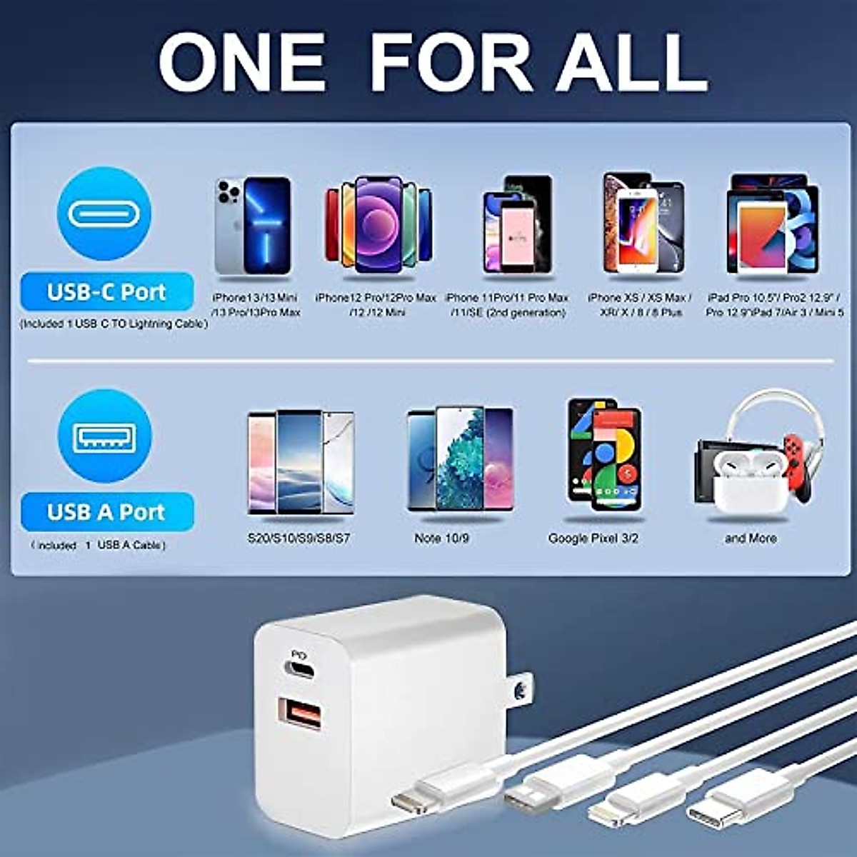 [Apple MFi Certified] iPhone Fast Charger,20W Dual Port PD3.0 USB-C + USB-A Power Delivery Wall Charger Block Plug for iPhone 13/13 Pro Max/12/11/XS/XR/X/8,iPad(2 Pack 10FT Lightning Cables lnclude)