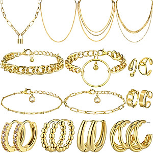 Henoyso 16 Pcs Gold Jewelry Set for Women Necklaces, Bracelets, Earrings, Knuckle Rings for Valentine's Birthday Wedding Parties Gifts(Stylish Style)