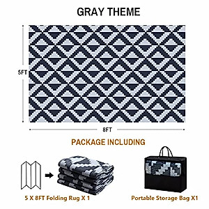 Outdoor Rugs for Patio Clearance - 5'x8' Waterproof Reversible Indoor Outdoor Rug Carpet, Portable Plastic Straw Rug for RV Camping, Picnic, Beach, Porch, Deck(Rug002#,Gray)