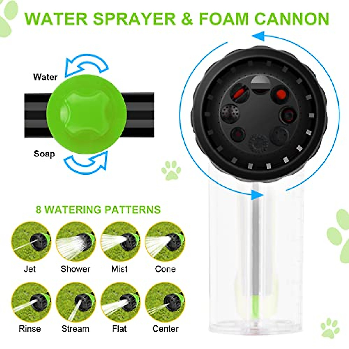 Pup Jet Dog Wash 7 Pieces Pet Bathing Tool Set Include Hose Nozzle Foam Sprayer with Connectors, Dog Rubber Comb Brush and Wash Mitt, for Showering Pet, Car Wash and Watering Plants Green