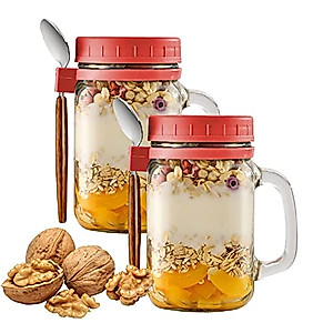 Yogurt Containers, 2 Pieces Oats Jars,480ml Glass Oatmeal Jars, Long Lasting Overnight Oats Jars, Anti Scald Design Yougurt Cups with Lids and Spoons, Breakfast Cups for Smoothies Drinks Juices