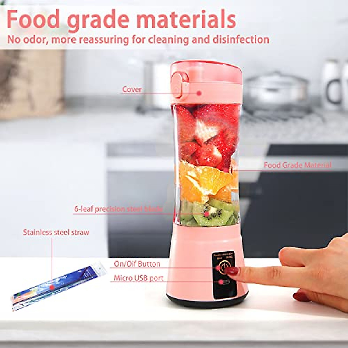 13.5oz Portable Blender Smoothies Personal Blender Mini Shakes Juicer Cup for home，office，Outdoors.Multi-purpose USB Rechargeable Blender with Protection Design (pink)