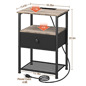 LOAKEKEL Night Stand Set 2, LED Nightstand with Charging Station, End Tables with Fabric Drawer for Small Spaces, Bedside Table with Storage Shelf for Bedroom, Greige, HETS01GY