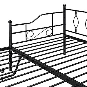 RORIGAT Twin Daybed with Trundle, Metal Day Bed with Adjustable Trundle, Twin to King Daybed with Portable Folding Trundle for Kids Teens Adults, Heavy Duty Steel Slat Support, Black