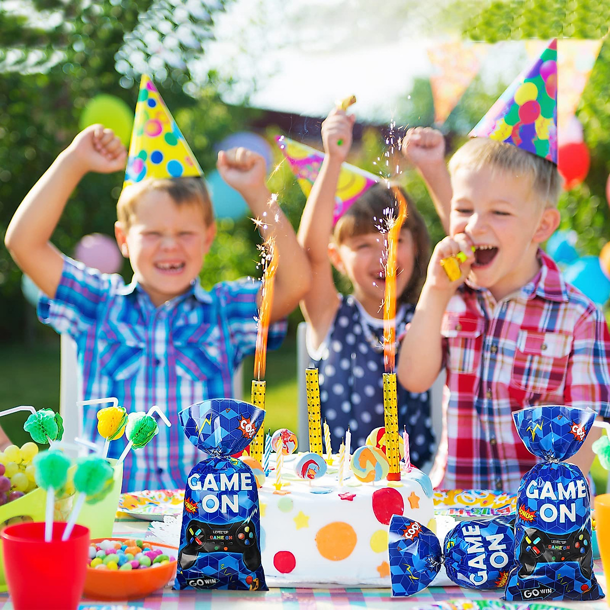 100pcs Video Game Party Bags Plastic Video Game Loot Bags Gaming Goody Candy Treat Bags with 100 Silver Twist Ties Game on Favor Bags Video Games Theme Party Decoration for Game Birthday Party(Blue)