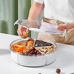 WUWEOT Nut and Candy Serving Tray, Round Plastic Platters Food Storage Container, Appetizer Tray with 5 Individual Dishes for Nuts, Dried Fruit, Snacks, Candies, Veggies (10.6" x 3.5")