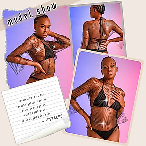 Fstrend Mesh Body Chains Rhinestone Crystal See Through Crop Tops Fishnet Dress Cover Up Black EDM Festival Outfits for Women