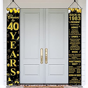 40th Birthday Door Banner Decorations for Women Men, Black Gold Happy 40th Birthday Back in 1983 Porch Sign Party Supplies, Forty Years Old Birthday for Outdoor Indoor