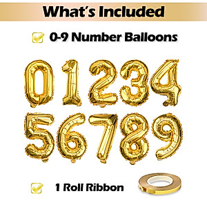 [10] 16" Number Gold Foil Balloons 0-9 set, Mylar Aluminum Hanging Numbers for Graduation Birthday Party Decorations Christmas New Year eve (10 Pcs)