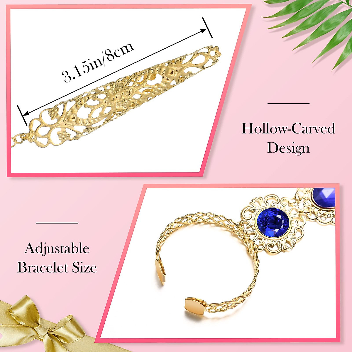 Maitys 2 Pcs Gold Bracelets Inlaid with Acrylic Women Belly Dance Gypsy Egyptian Bracelet with Finger Nails Halloween Costume (Sapphire)