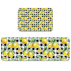 SUN-Shine Watercolor Yellow Lemon Buffalo Plaid Kitchen Rug Set 2 Pieces Cushioned Kitchen Floor Mats Comfort Soft Standing Doormat, Non Slip Rugs and Runner Black White