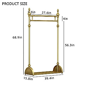 Clothing Rack Gold, Industrial Clothes Rack for hanging Clothes with Double Shelves Freestanding Multi-functional Heavy Duty Garment Rack, Metal Movable Coat Rack for Organizing Clothes Shoes