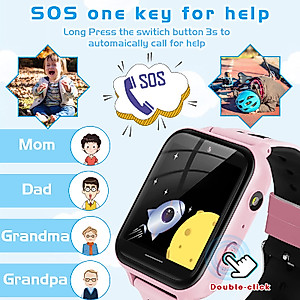 Kids Smart Watch Phone, HD Touch Screen Smartwatch with Music MP3 Player, Video Recorder, Camera, Games, SOS, Dinosaur Wristband, (1GB SD Card) Sport Wrist Watch for Age 3-14 Boys Girls Gifts-Pink