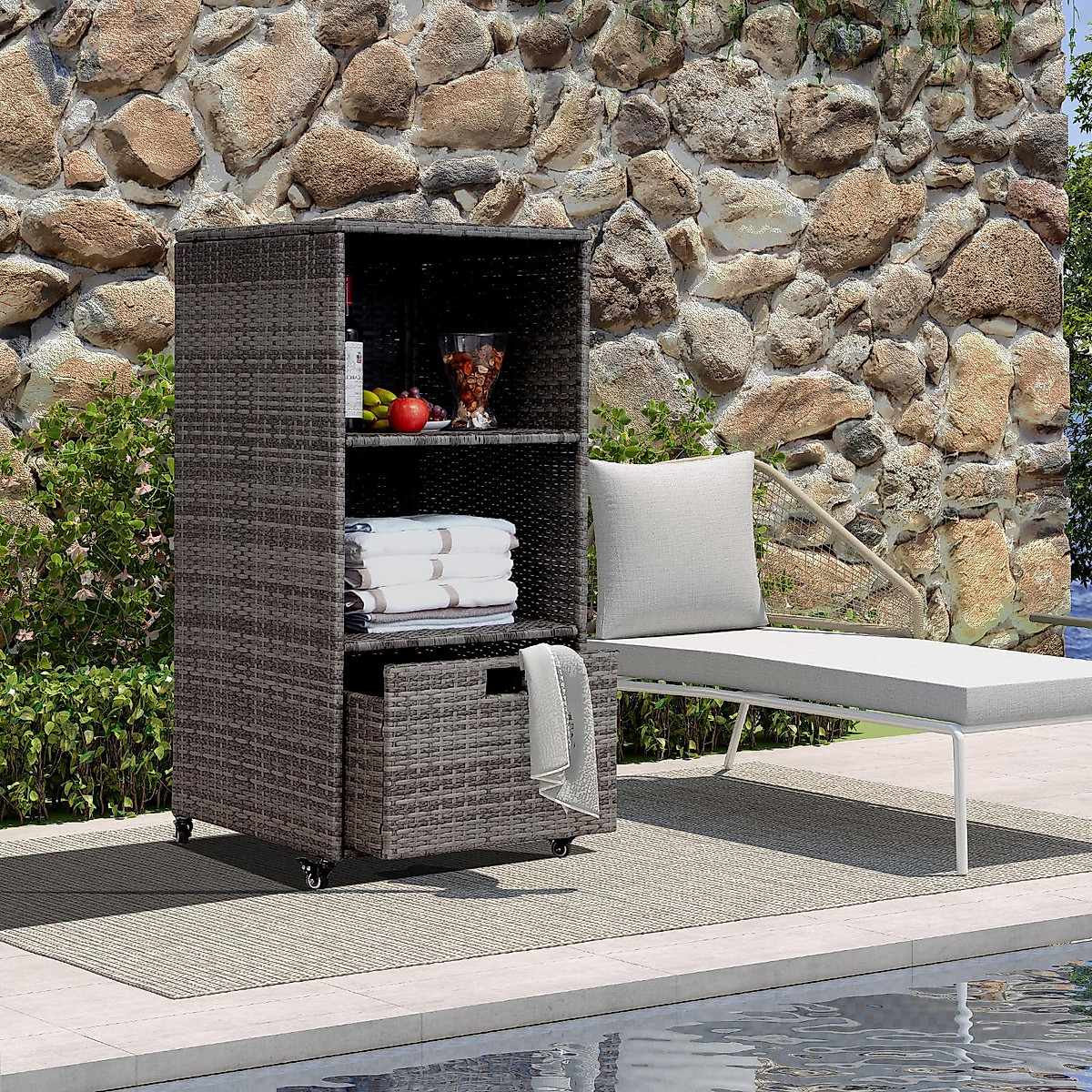 Kinpaw Pool Towel Rack Outdoor Storage Cabinet - 49” High Pool Towel Rack with with Storage Shelves & Drawer & Caters, Patio Wicker Towel Holder for Pool Area Outside, Hot Tub, Spa, Gray