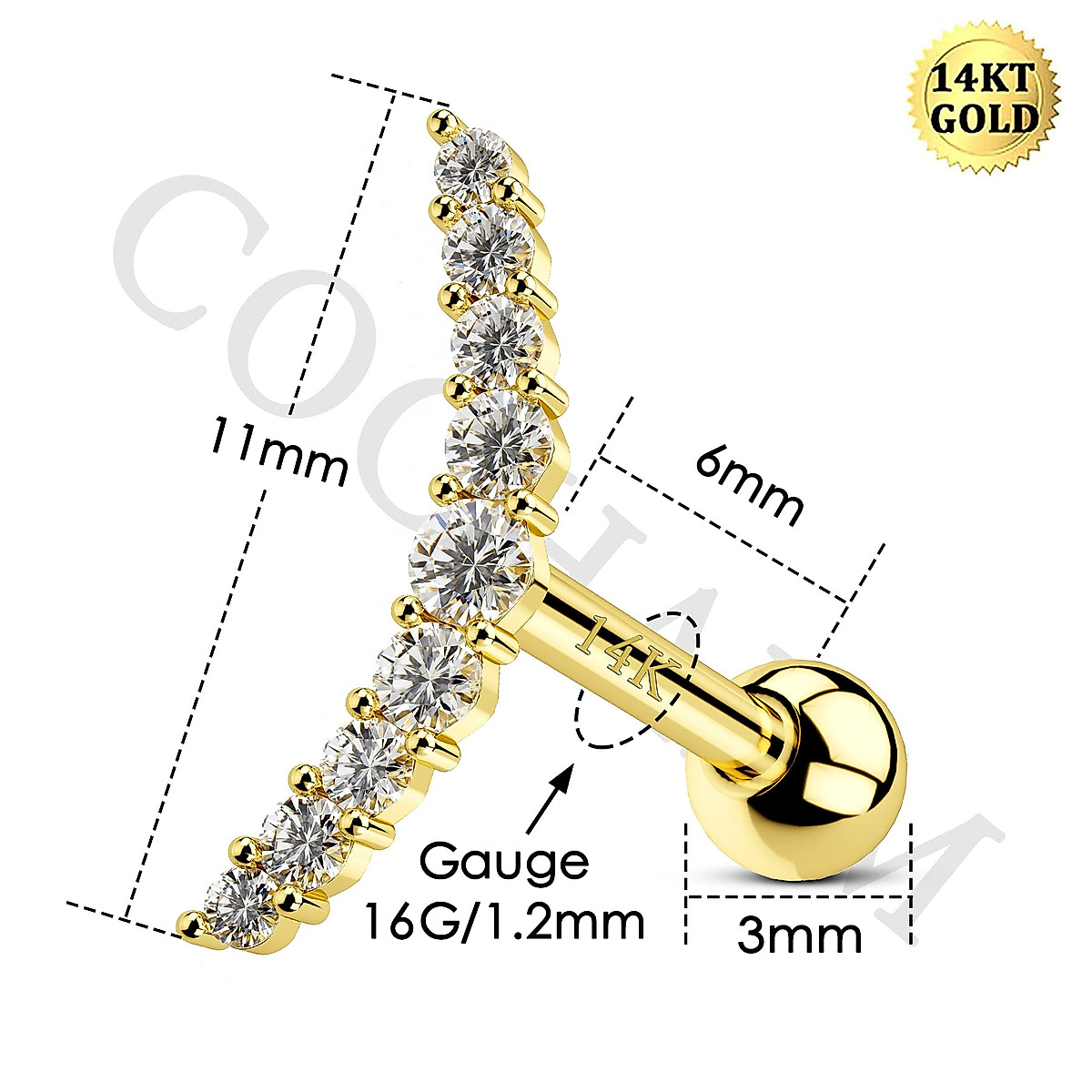 COCHARM 14k Solid Gold Helix Earrings Sud 16g Yellow Gold Climb Cartilage Earring Stud Real Gold 16 Gauge Helix Piercing Jewelry for Women