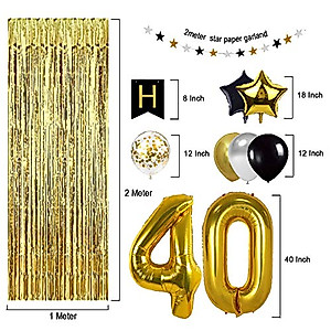 Black and Gold 40th Birthday Decorations Banner Balloon, Happy Birthday Banner, 40th Gold Foil Balloons, Number 40 Birthday Balloons, 40 Years Old Birthday Decoration Supplies