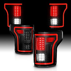 AmeriLite [Full LED Red Tube Smooth Lens Sequential Signal Black Taillights Pair for 2015-2017 Ford F150 Pickup - Passenger and Driver Side
