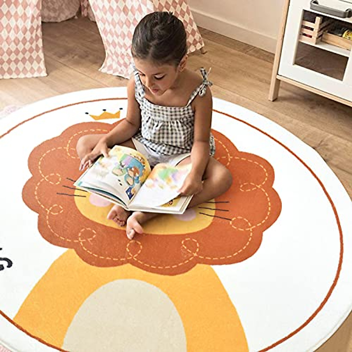 ABREEZE Faux Wool Kids Play Mat 4ft,Animal Round Area Rug Kids Nursery Door Mat Soft Plush Non-Slip Childrens Carpet for Bedroom Living Room Kids Playroom,Lion