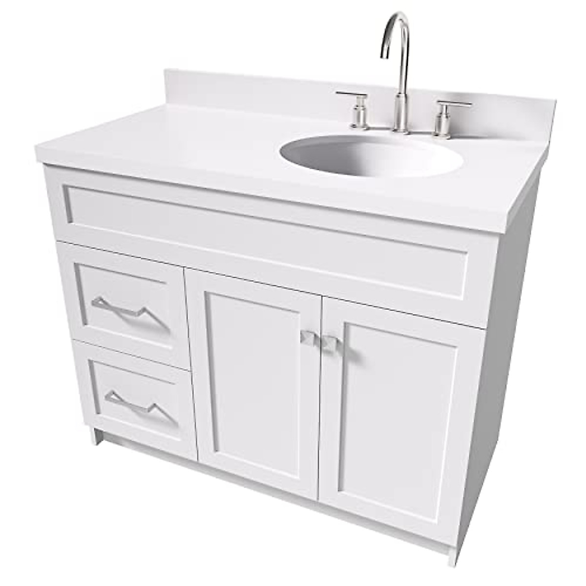 ARIEL Hamlet 43 Inch White Bathroom Vanity with Sink, 1.5" Edge Quartz Countertop, Solid Wood, Right Oval Sink, 2 Soft-Closing Doors & 2 Full Extension Drawers, Toe Kick