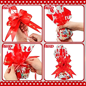 Valentine's Day Cellophane Wrap Set include 2 Pack 100 Ft Long x 16 In Wide Cellophane Wrap Roll with 40 Pull Bows, Heart Pattern Gift Baskets Arts Crafts Valentine's Day Party Supplies