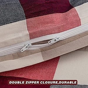 FACE TWO FACE Bedding Duvet Cover Set 3 Pieces 100% Washed Cotton Duvet Cover Linen Like Textured Breathable Durable Soft Comfy (Queen, Blue red Grid)