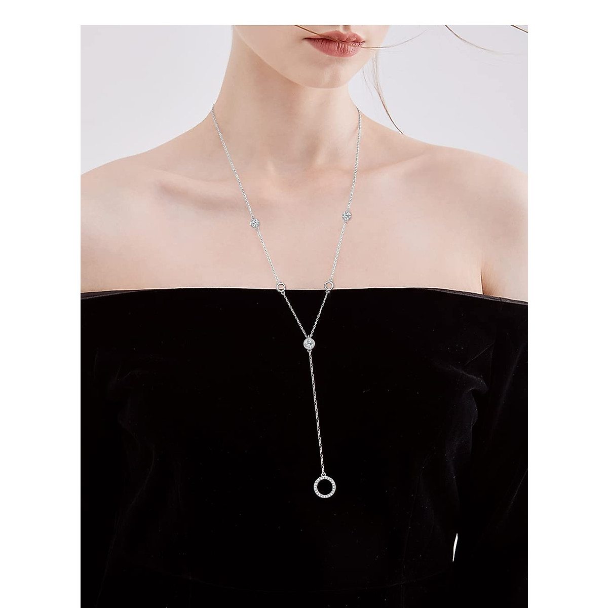 DAOCHONG Circle Long Chain Sweater Necklace for Women S925 Sterling Silver Long Chain Eternity Circle Pendant Sweater Y-Necklace for Women Teenage 26 inches