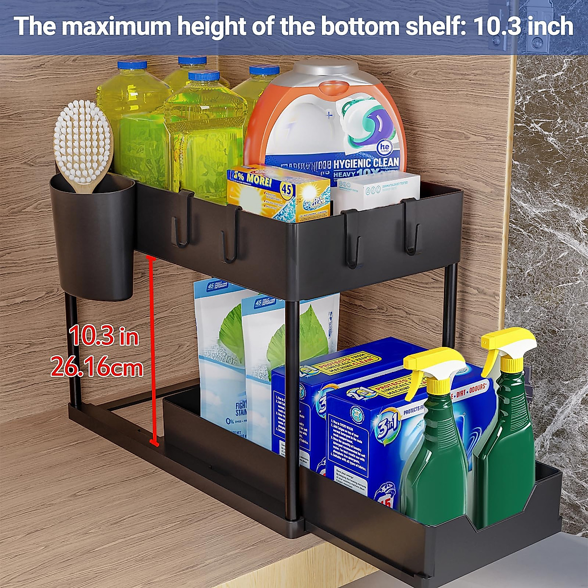 Puricon 2 Pack Under Sink Organizers and Storage Pull Out Sliding Drawer, 2 Tier Multi-purpose Kitchen Under the Sink Organizer Under Bathroom Sink Shelf Storage Rack for Countertop Laundry -Black