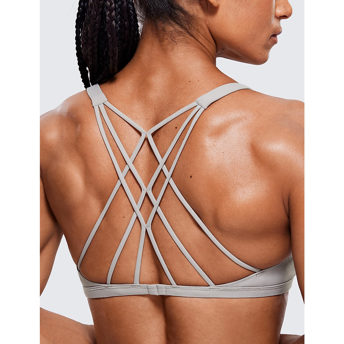 CRZ YOGA Women's Strappy Sports Bra - Criss Cross Back Padded Medium Support Wireless Bra Sexy Workout Yoga Bra Dark Chrome Small