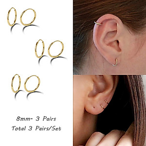 EPIRORA Silver Hoop Earrings- Cartilage Endless Small Hoop Earrings Set for Women Men, 3 Pairs of Hypoallergenic 925 Sterling Silver Tragus Earrings Nose Lip Rings (3 Pairs(8mm*3)-Gold)